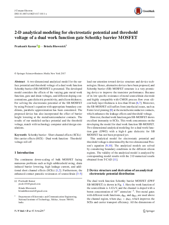 Pdf 2 D Analytical Modeling For Electrostatic Potential And Threshold