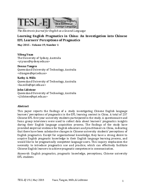 (PDF) Learning English Pragmatics in China: An Investigation into Chinese EFL Learners ...