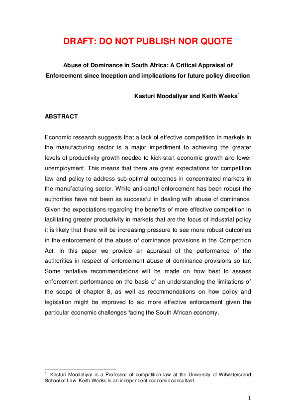 (PDF) DRAFT: DO NOT PUBLISH NOR QUOTE Abuse of Dominance in South Africa: A Critical Appraisal ...