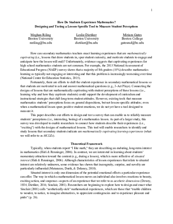 (PDF) How Do Students Experience Mathematics ? Designing and Testing a ...
