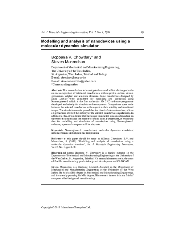 Pdf Modelling And Analysis Of Nanodevices Using A Molecular Dynamics Simulator