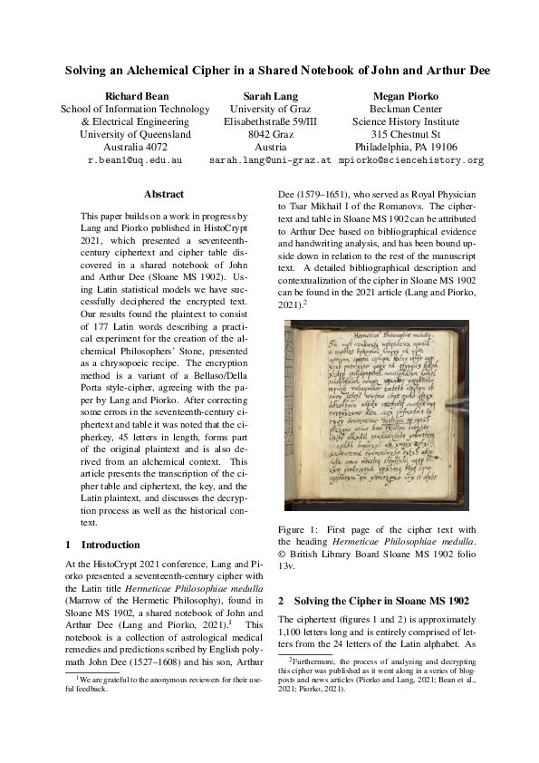 (PDF) Solving an Alchemical Cipher in a Shared Notebook of John and ...