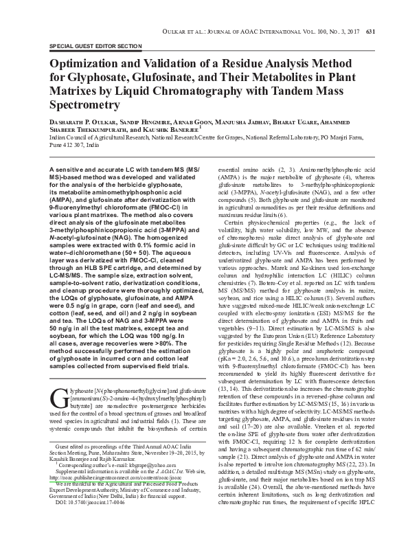 (PDF) Optimization and Validation of a Residue Analysis Method for Glyphosate, Glufosinate, and ...