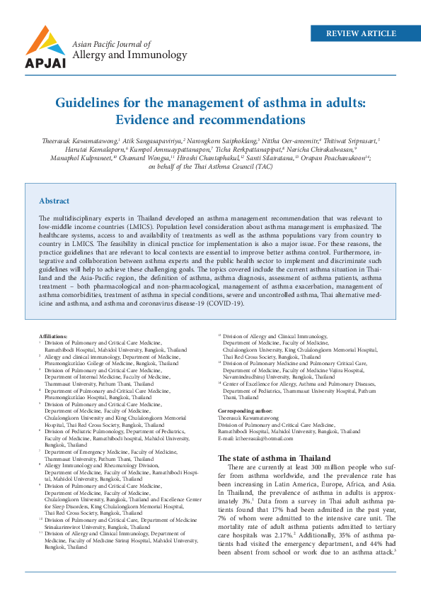 (PDF) Guidelines for the management of asthma in adults: Evidence and ...