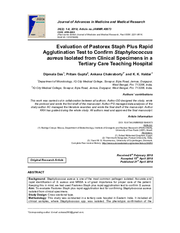 (PDF) Evaluation of Pastorex Staph Plus Rapid Agglutination Test to ...