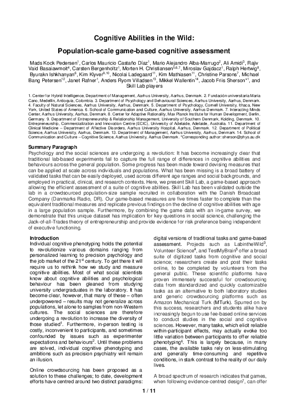 Pdf Measuring Cognitive Abilities In The Wild Validating A Population Scale Game Based