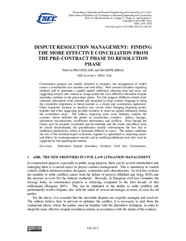 (PDF) Dispute Resolution Management: Finding the More Effective Conciliation from the Pre ...