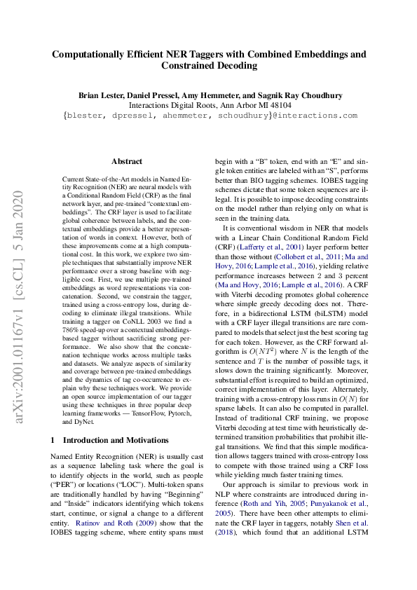 (PDF) Computationally Efficient NER Taggers with Combined Embeddings and Constrained Decoding