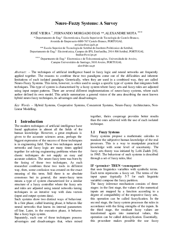 Pdf Neuro Fuzzy Systems A Survey José Vieira