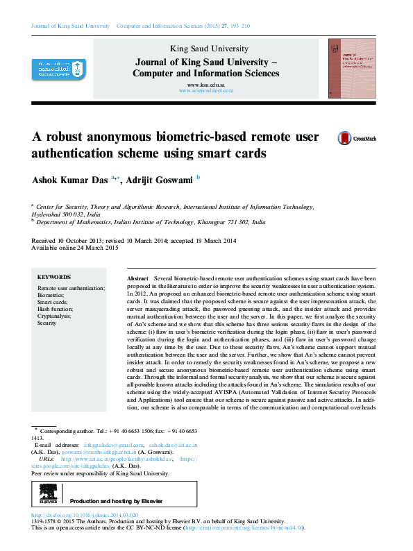 Pdf A Robust Anonymous Biometric Based Remote User Authentication Scheme Using Smart Cards