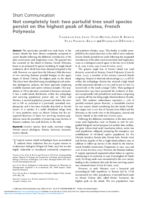 (PDF) Not completely lost: two partulid tree snail species persist on ...