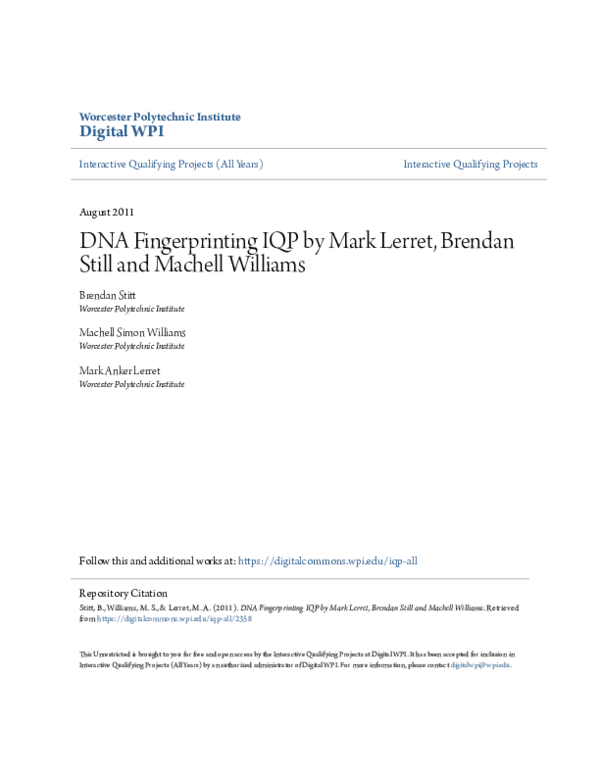 (PDF) DNA Fingerprinting IQP by Mark Lerret, Brendan Still and Machell Williams