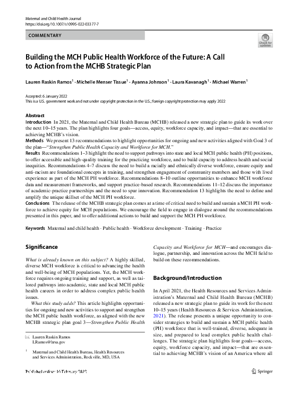 (PDF) Building the MCH Public Health Workforce of the Future: A Call to ...