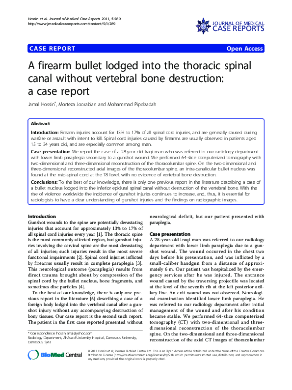 (PDF) A firearm bullet lodged into the thoracic spinal canal without ...