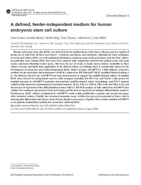 (PDF) A defined, feeder-independent medium for human embryonic stem ...