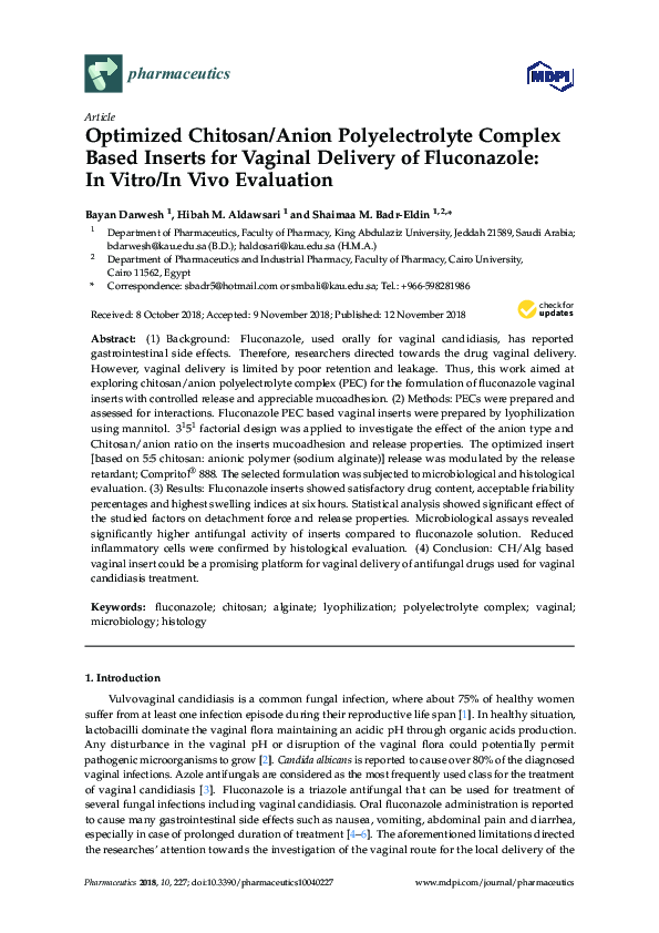 (PDF) Optimized Chitosan/Anion Polyelectrolyte Complex Based Inserts for Vaginal Delivery of ...