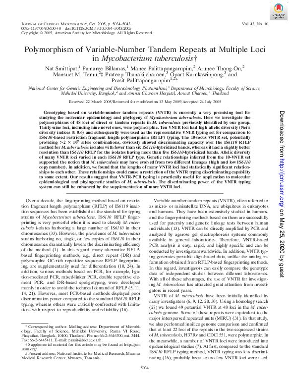 (PDF) Polymorphism of Variable-Number Tandem Repeats at Multiple Loci in Mycobacterium tuberculosis