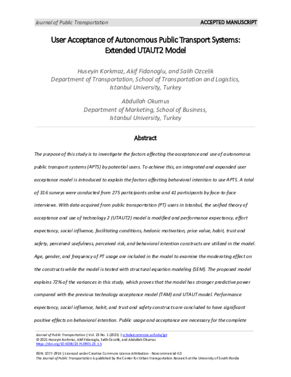 (PDF) User Acceptance of Autonomous Public Transport Systems (APTS): Extended UTAUT2 Model
