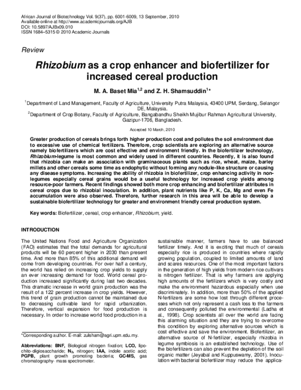 (PDF) Rhizobium as a crop enhancer and biofertilizer for increased cereal production