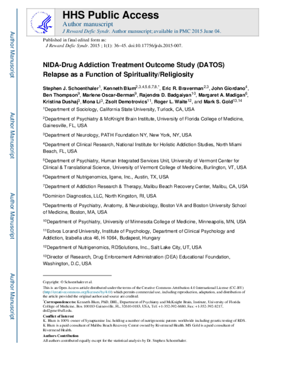 (PDF) NIDA-Drug Addiction Treatment Outcome Study (DATOS) Relapse as a ...