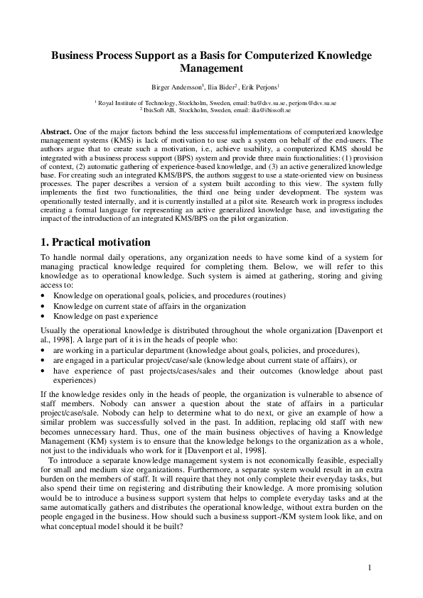 (PDF) Business Process Support as a Basis for Computerized Knowledge Management