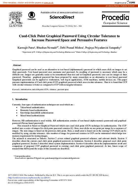 Cued Click Point Graphical Password Using Circular Tolerance To Increase Password Space And 