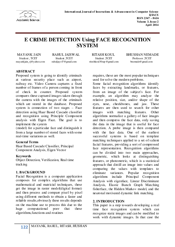 (PDF) E CRIME DETECTION Using FACE RECOGNITION SYSTEM | Bhushan Nemade ... (PDF) E CRIME DETECTION Using FACE RECOGNITION SYSTEM | Bhushan Nemade ...
