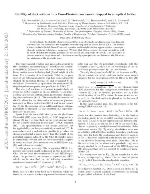 (PDF) Stability of dark solitons in a Bose-Einstein condensate trapped ...