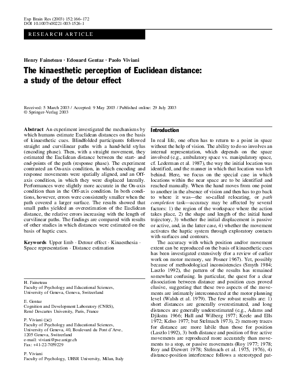 (PDF) The kinaesthetic perception of Euclidean distance: a study of the ...