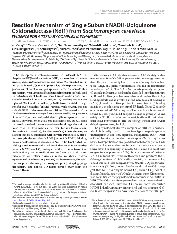 (PDF) Reaction Mechanism of Single Subunit NADH-Ubiquinone ...