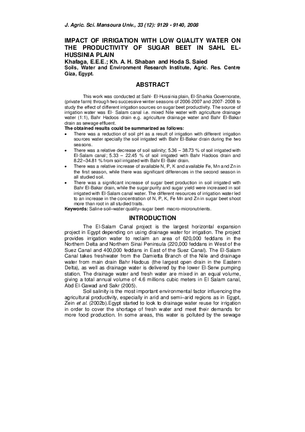 (PDF) Impact of Irrigation with Low Quality Water on the Productivity ...