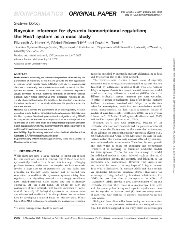 (PDF) Bayesian inference for dynamic transcriptional regulation; the Hes1 system as a case study