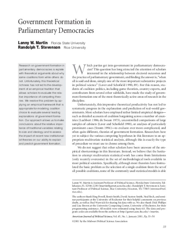 (PDF) Government Formation in Parliamentary Democracies