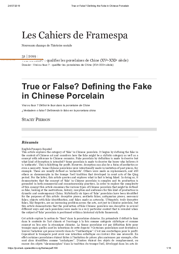 (PDF) True or False? Defining the Fake in Chinese Porcelain