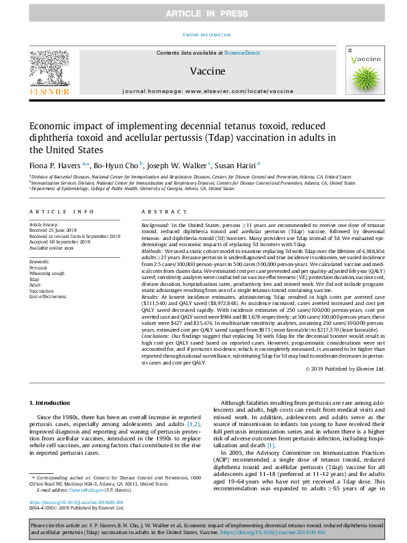 (PDF) Economic impact of implementing decennial tetanus toxoid, reduced ...