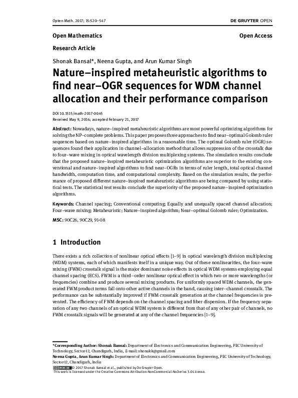 (PDF) Nature–inspired metaheuristic algorithms to find near–OGR sequences for WDM channel ...