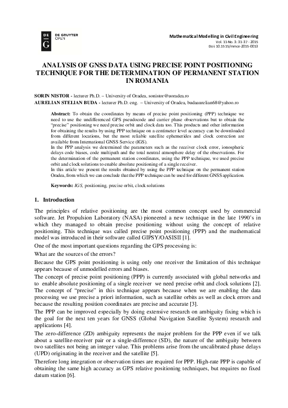 (PDF) Analysis of GNSS Data Using Precise Point Positioning Technique for the Determination of ...