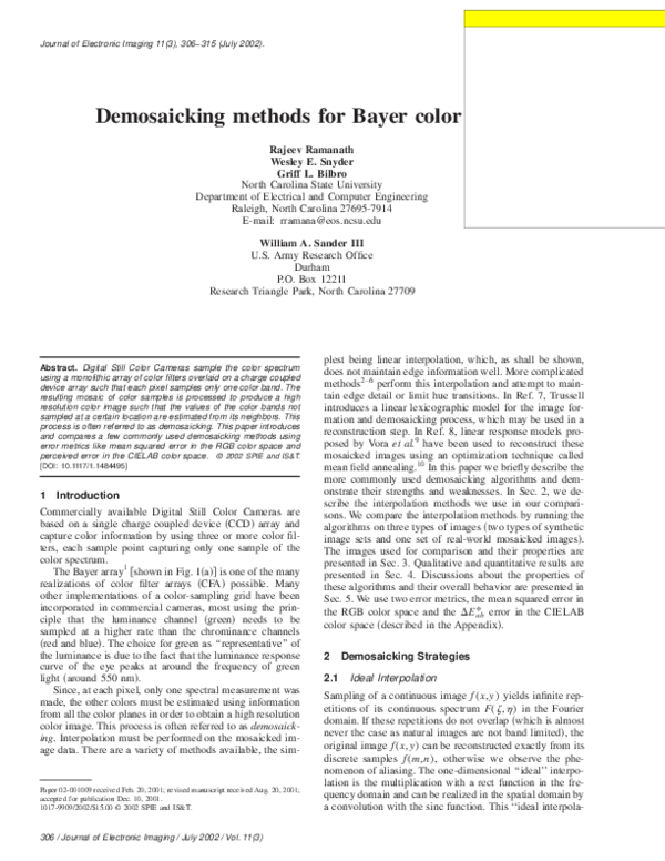 (PDF) Demosaicking methods for Bayer color arrays