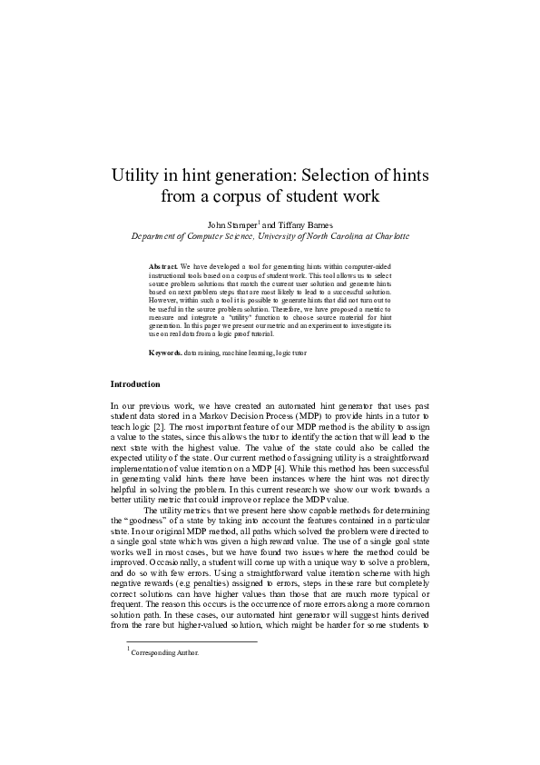 (PDF) Utility in hint generation: Selection of hints from a corpus of ...