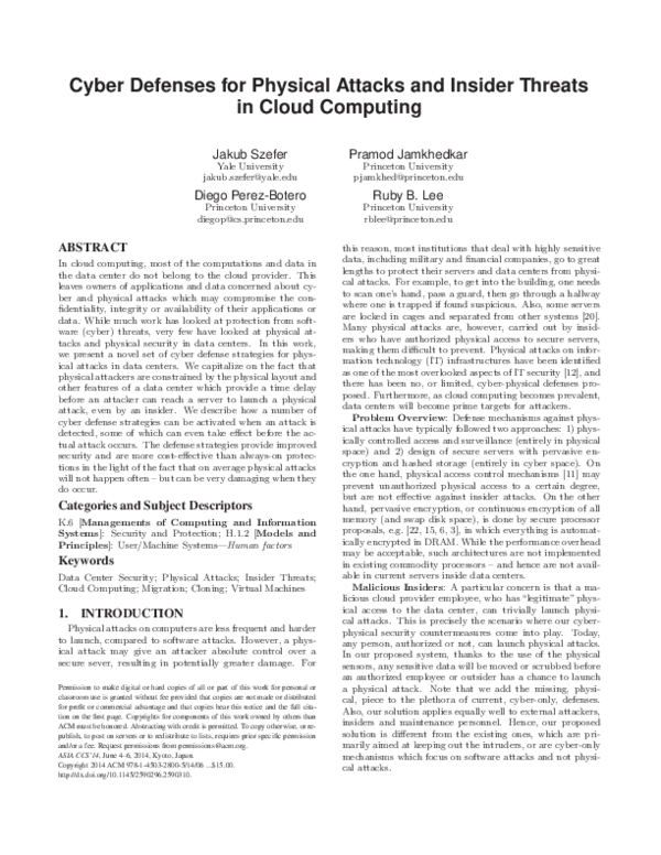 (PDF) Cyber defenses for physical attacks and insider threats in cloud computing