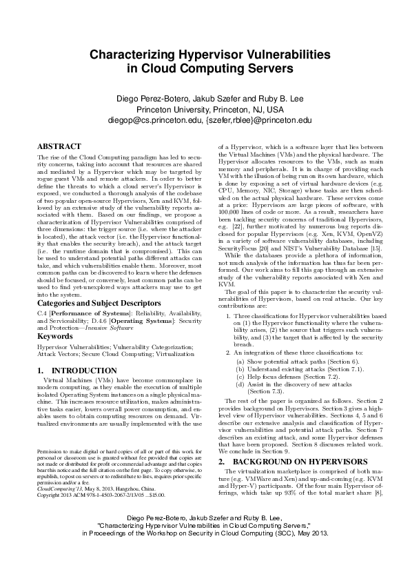 Pdf Characterizing Hypervisor Vulnerabilities In Cloud Computing Servers