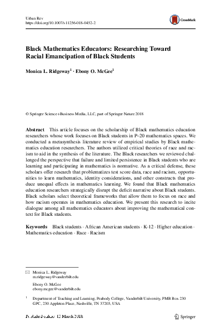 (PDF) Black Mathematics Educators: Researching Toward Racial ...