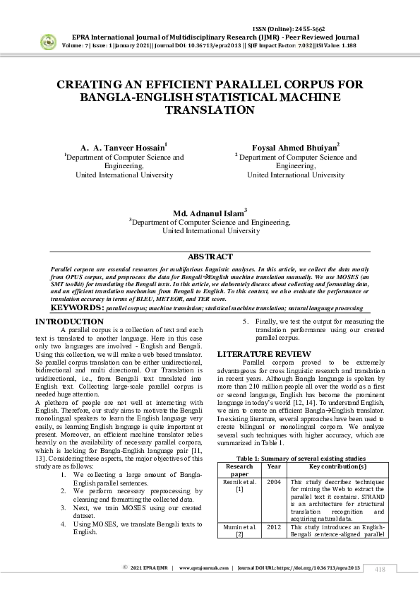 (PDF) Creating an Efficient Parallel Corpus for Bangla-English Statistical Machine Translation