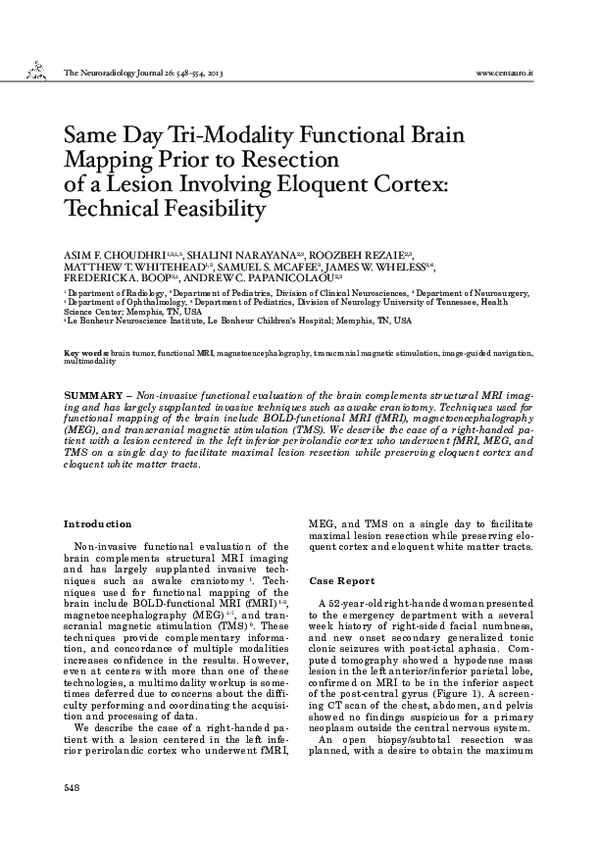 (PDF) Same day tri-modality functional brain mapping prior to resection of a lesion involving ...