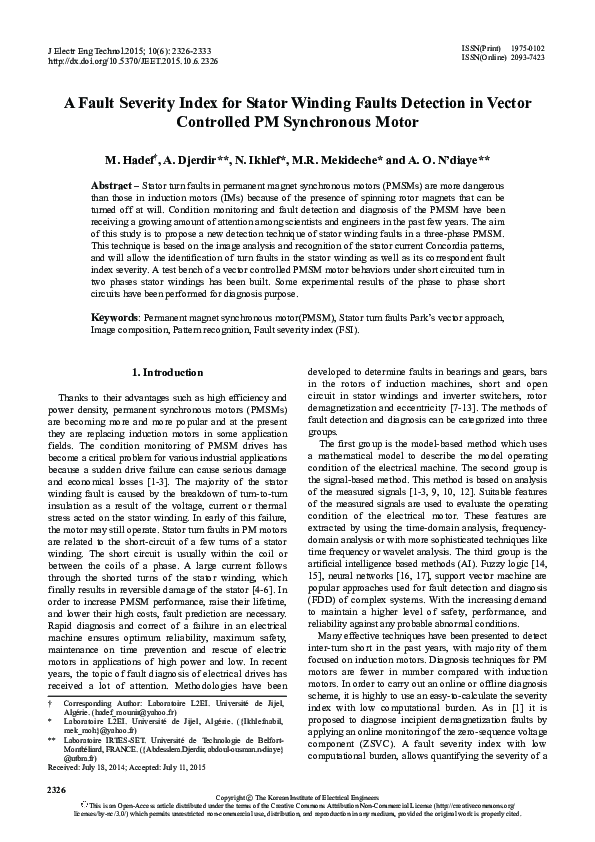Pdf A Fault Severity Index For Stator Winding Faults Detection In