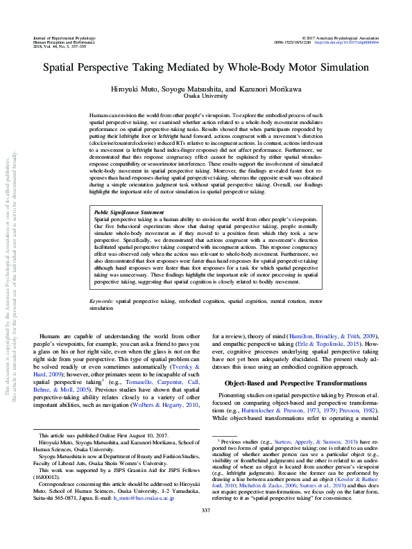 (PDF) Spatial Perspective Taking Mediated by Whole-Body Motor Simulation