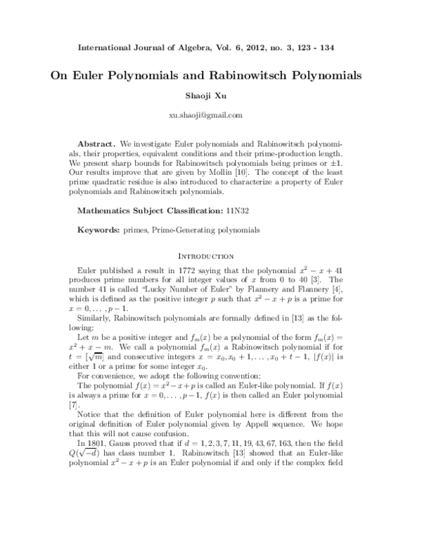 (PDF) On Euler Polynomials and Rabinowitsch Polynomials