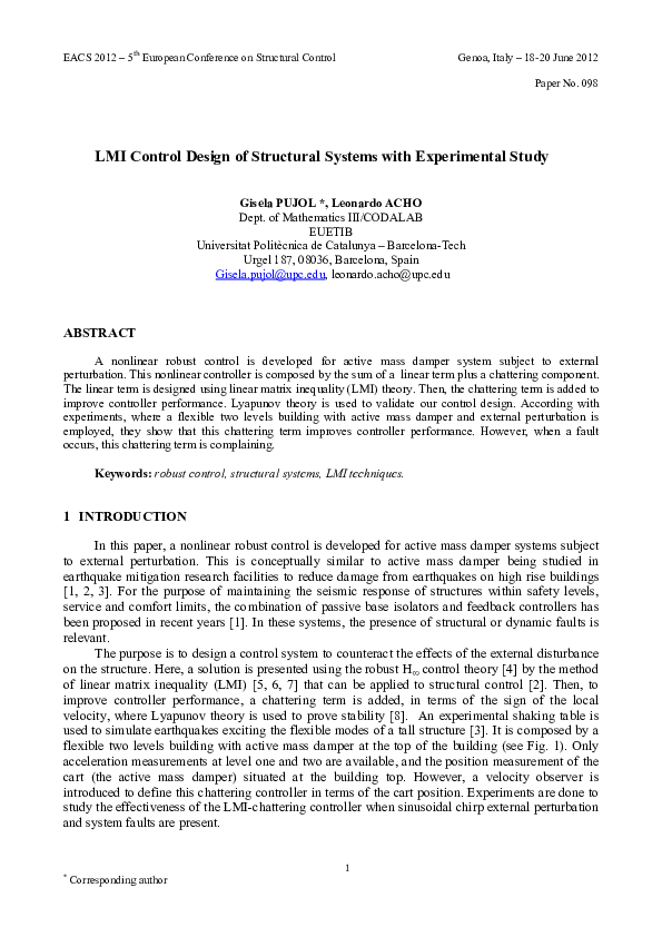 (PDF) LMI control design on structural systems with experimental study