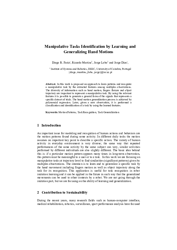 (PDF) Manipulative tasks identification by learning and generalizing hand motions | Diego ...