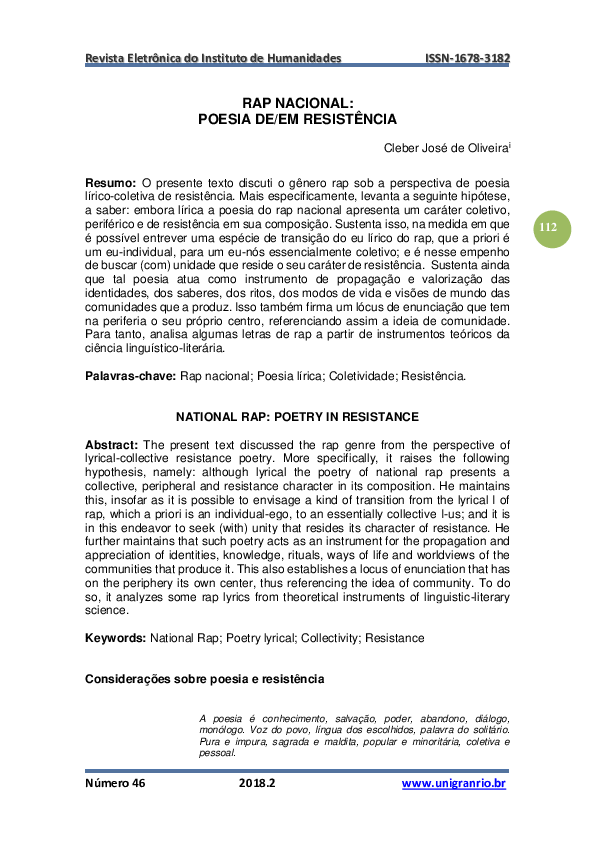 (PDF) Rap Nacional: Poesia De/Em Resistência